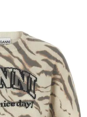GANNI Zebra Print Logo Intarsia Wool Blend Sweater - Multicolor