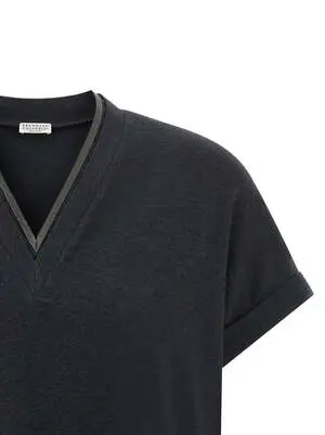 Brunello Cucinelli Oversized V-neck T-shirt With Shiny Trims - Gray