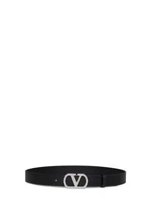 Valentino Garavani Black Shiny Calfskin Leather Vlogo Signature Crystal Belt - Multicolor