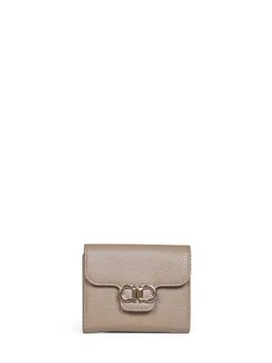 FERRAGAMO Warm Taupe Hammered Calfskin Leather Gancini Compact Wallet - Multicolor