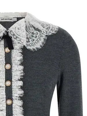 SELF-PORTRAIT Grey Lace Collar Knit Cardigan