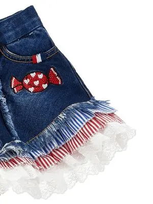 Monnalisa Denim Shorts With Appliqué And Fringe Detail