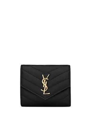 Saint Laurent Cassandre Matelassé Tri-fold Wallet In Grain De Poudre Leather - Black
