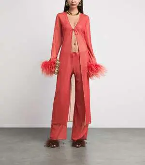 Oseree Feather-trim Maxi Kaftan Dress