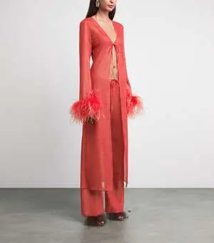 Oseree Feather-trim Maxi Kaftan Dress