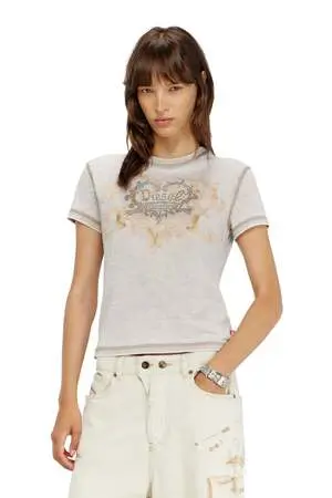 DIESEL® Jersey T-shirt With Rhinestones And Burnout Effect - Grey