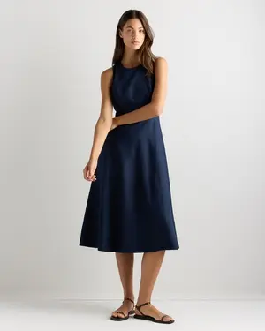 Quince 100% European Linen High Neck Midi Dress - Deep Navy