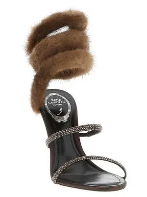 Rene Caovilla Lindsey' Satin Sandals With Mink Fur Ankle Wrap