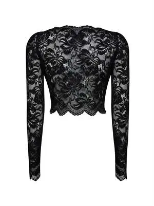 Rabanne Black Stretch Floral Lace Long-sleeved Cropped Top