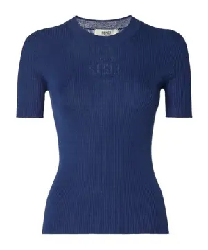 Fendi Ribbed Short-sleeve Sweater With Lace Effect Print - Navy Blue
