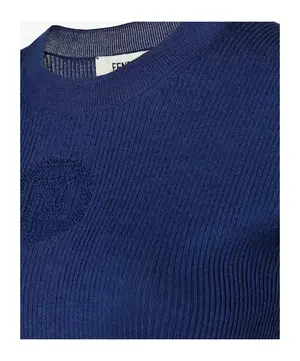 Fendi Ribbed Short-sleeve Sweater With Lace Effect Print - Navy Blue