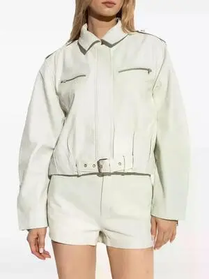 GESTUZ Belted Epaulette Leather Jacket - White