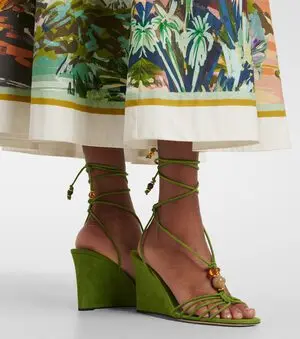 JIMMY CHOO Lola Embellished Suede Wedge Sandals - Green