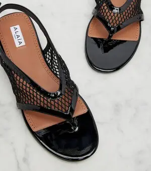 Alaïa Leather-trimmed Fishnet Thong Sandals
