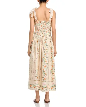 Moon River Tie Strap Smocked Back Floral Print Midi Dress