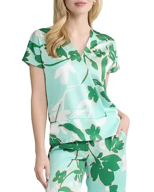 Ming Wang Floral Printed Crepe De Chine Top - Kelly Green/limestone/ivory