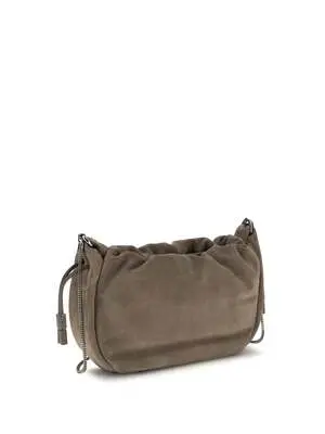 Brunello Cucinelli Suede Shoulder Bag With Precious Chain - Brown