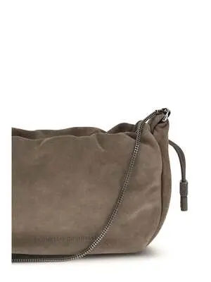 Brunello Cucinelli Suede Shoulder Bag With Precious Chain - Brown