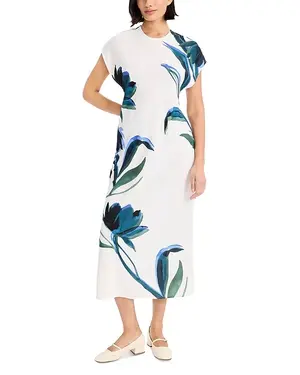 LUXELY Moonlight Crepe Printed Dress - Soft White/bluestone