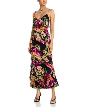 Aqua Floral Mesh Ruffle Maxi Dress Exclusive - Black Floral