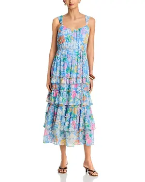Aqua Floral Ruffle Hem Midi Dress - Blue Multi