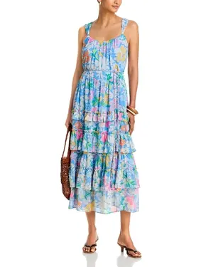 Aqua Floral Ruffle Hem Midi Dress