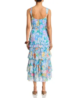 Aqua Floral Ruffle Hem Midi Dress