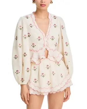 Aqua Bendita Floral Embroidered Top - Ivory Multi