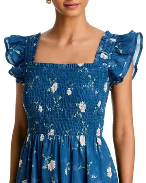 Aqua Floral Smocked Midi Dress