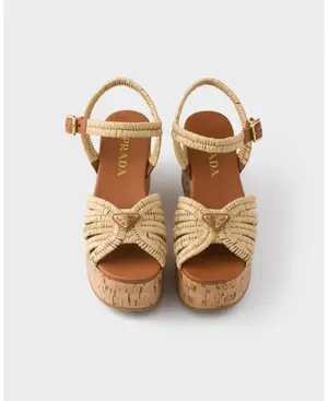 Prada Raffia Platform Sandals With Cork Wedge