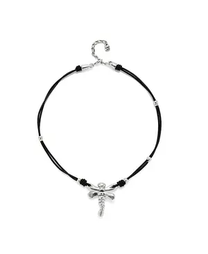 UNODE50 Leather Dragonfly Pendant Necklace - Silver