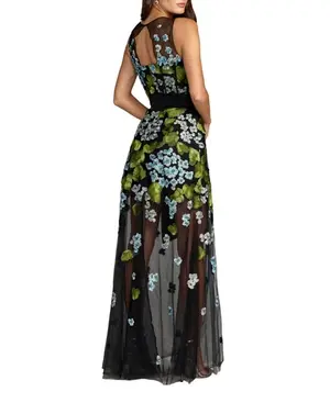 Mac Duggal Sleeveless Gown With Mesh Applique And Bow Belt
