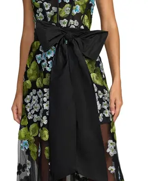 Mac Duggal Sleeveless Gown With Mesh Applique And Bow Belt