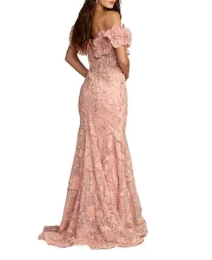 Mac Duggal Off-the-shoulder Mermaid Gown With 3d Floral Embellishments