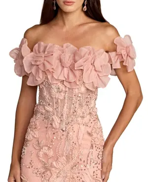 Mac Duggal Off-the-shoulder Mermaid Gown With 3d Floral Embellishments