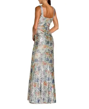 Mac Duggal Floral Sequin Sleeveless Square Neck Gown