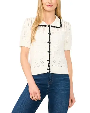 CECE DUPRAZ Collared Short Sleeve Pointelle Cardigan - Antique White
