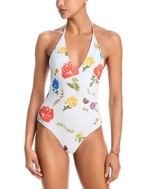 Caroline Constas Vivi Halter One Piece Swimsuit - White Multi