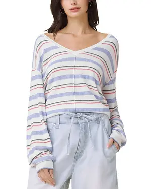 Splendid Erica Striped V-neck Sweater - White/azure/firework