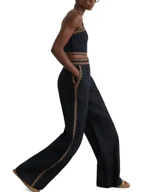 REISS Mila Linen Wave Trim Wide Leg Pants