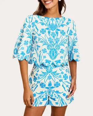 Mestiza New York Charlize Floral Cotton Scalloped Crop Top - Blue