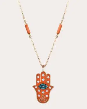 BEE GODDESS 14k Rose Gold Diamond And Enamel Fatima's Hand Pendant Necklace - Orange