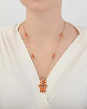 BEE GODDESS 14k Rose Gold Diamond And Enamel Fatima's Hand Pendant Necklace
