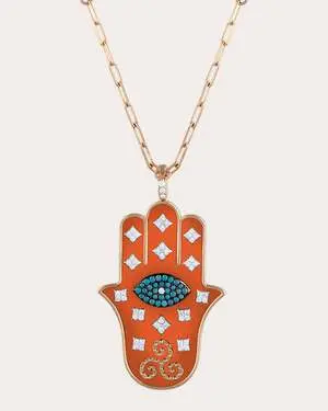 BEE GODDESS 14k Rose Gold Diamond And Enamel Fatima's Hand Pendant Necklace