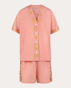 KARMA ON THE ROCKS Sumi Embroidered Floral Cotton Pajama Set - Pink