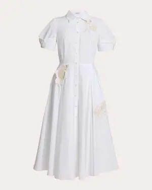 Erdem ERDEM Floral Appliqué Cotton Midi Shirt Dress - White