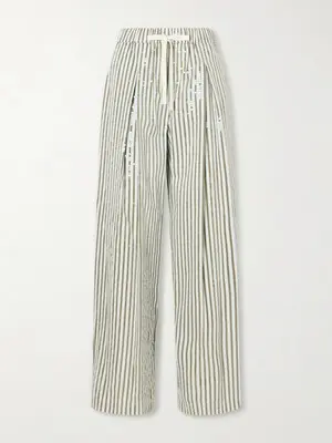 TWP Sequin-trimmed Striped Cotton-blend Wide-leg Drawstring Pants - Multi