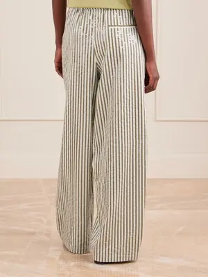 TWP Sequin-trimmed Striped Cotton-blend Wide-leg Drawstring Pants