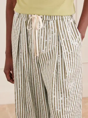 TWP Sequin-trimmed Striped Cotton-blend Wide-leg Drawstring Pants