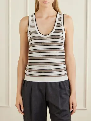 Brunello Cucinelli Striped Cotton-blend Scoop Neck Top - Neutrals